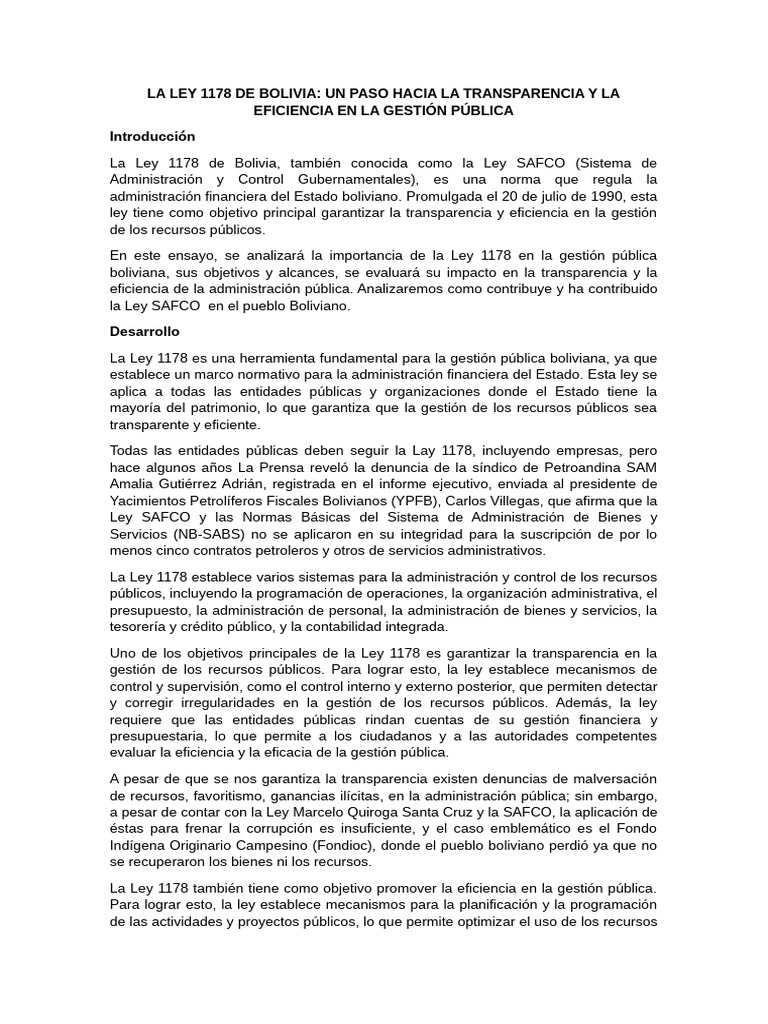 Ley 1178: Transparencia y Eficiencia en Bolivia | PDF | Administración ...