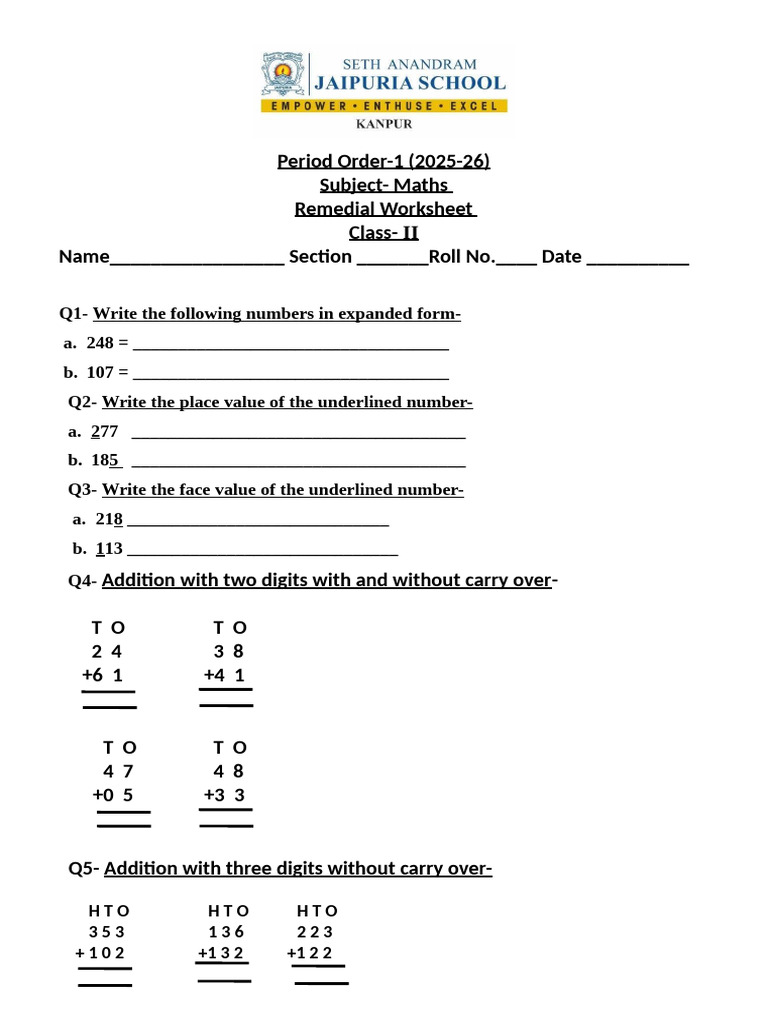 Class 2 Maths PO-1 Remedial WS 2025-26 | PDF