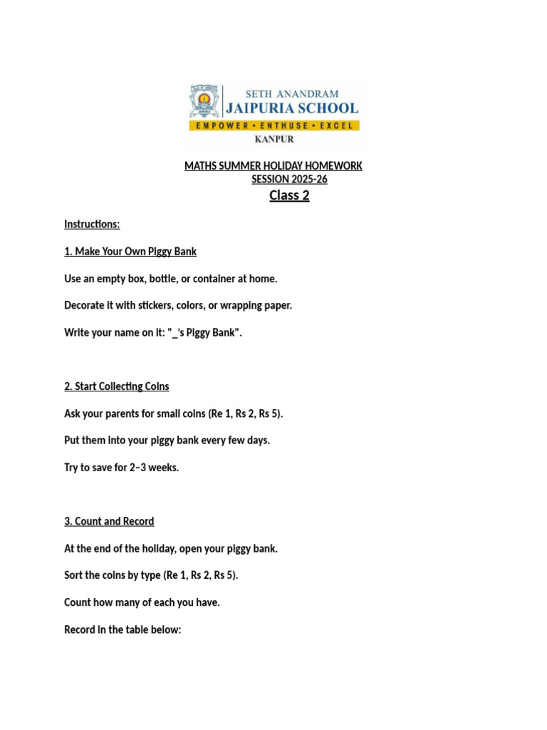 Maths Summer Holiday Homework | PDF
