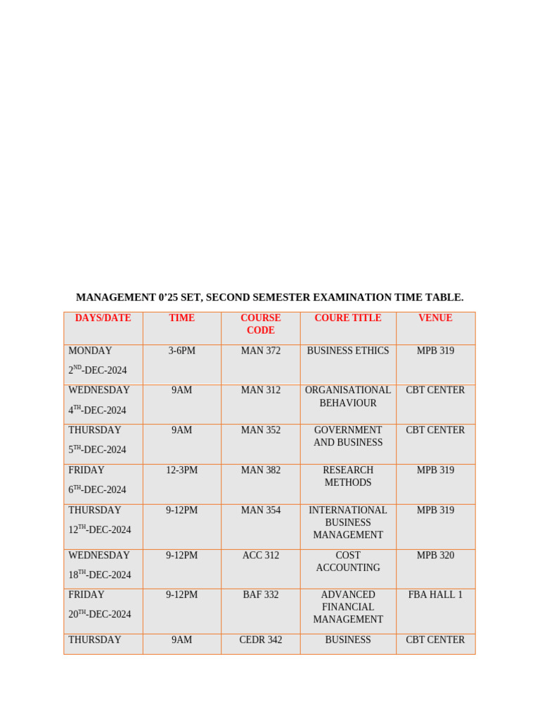 0'25 Management Exam Timetable | PDF