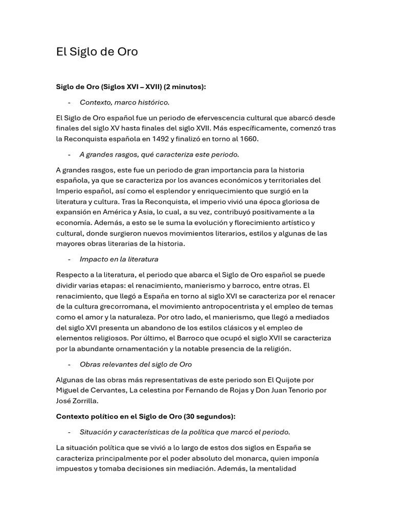 Características del Siglo de Oro Español | PDF | España | Renacimiento