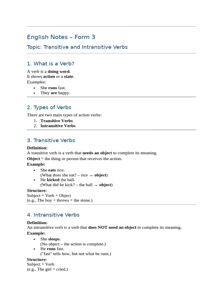 Transitive and Intransitive Verbs Explained | PDF | Verb | Object (Grammar)