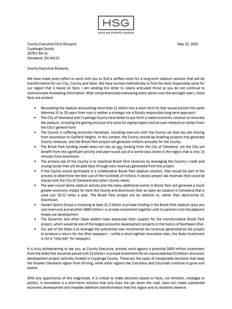 HSG Letter To Cuyahoga County Exec Chris Ronayne 5-15-2025 | PDF ...