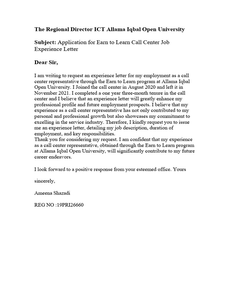Request for Call Center Experience Letter | PDF