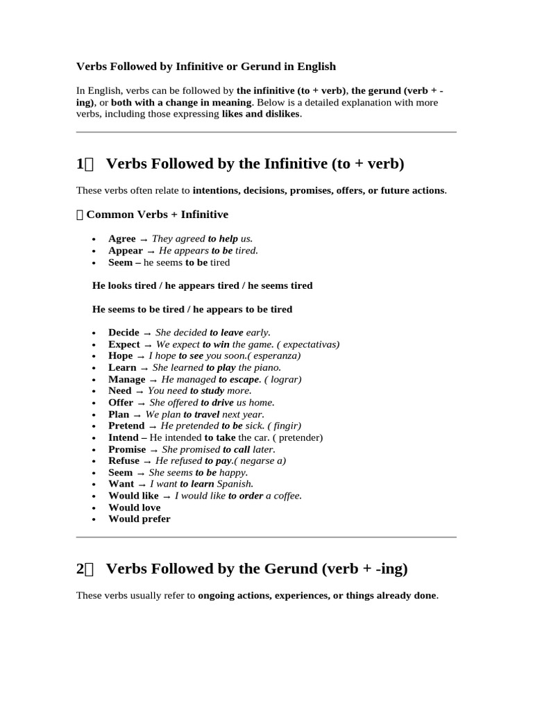 Verbs Followed by Infinitive or Gerund in English | PDF | Verb