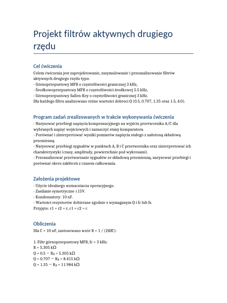 Filtry Aktywne Obliczenia | PDF