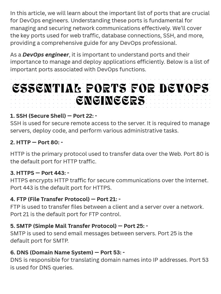 Ports For Devops Engineer | PDF | Port (Computer Networking) | File Transfer Protocol