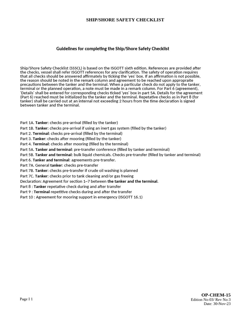 Ship/Shore Safety Checklist Guide | PDF | Oil Tanker