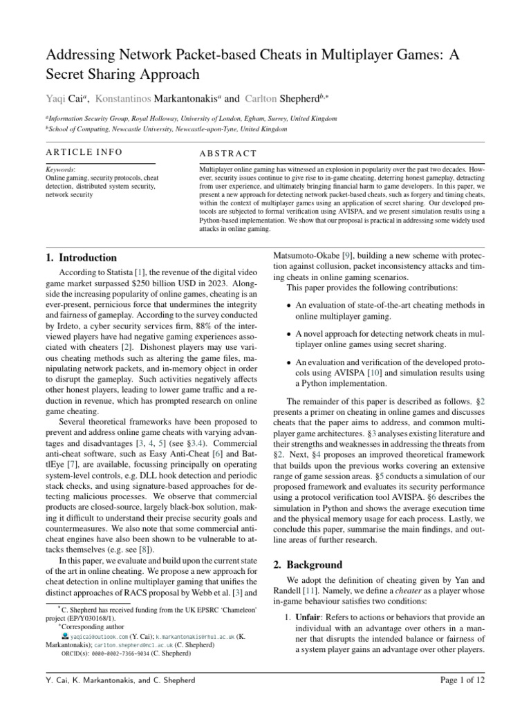 Addressing Network Packet-Based Cheats in Multiplayer Games: A Secret Sharing Approach | PDF ...