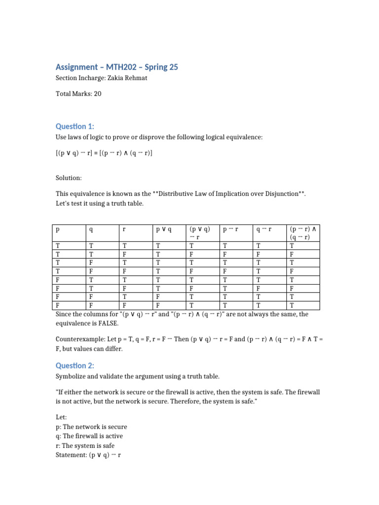 MTH202 Assignment Spring25 Solution Incharge (Zakia-Rehmat) | PDF | Syntax (Logic) | Mathematics