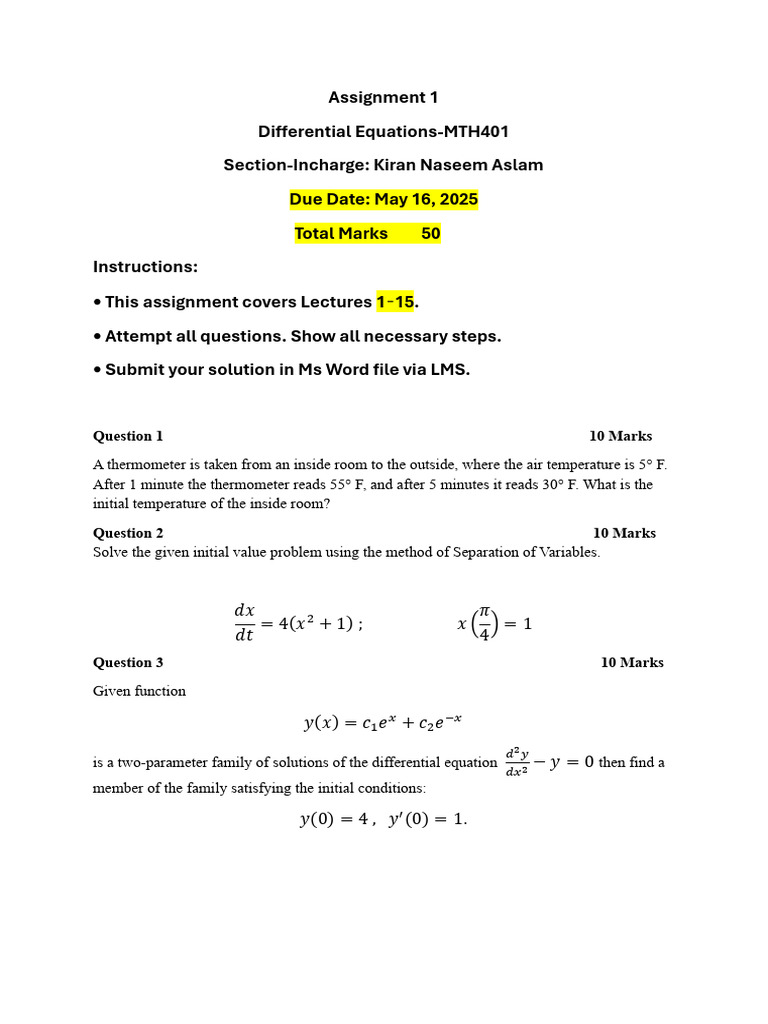 Section Inchare Kiran Naseem Aslam Spring 2025-MTh401 | PDF