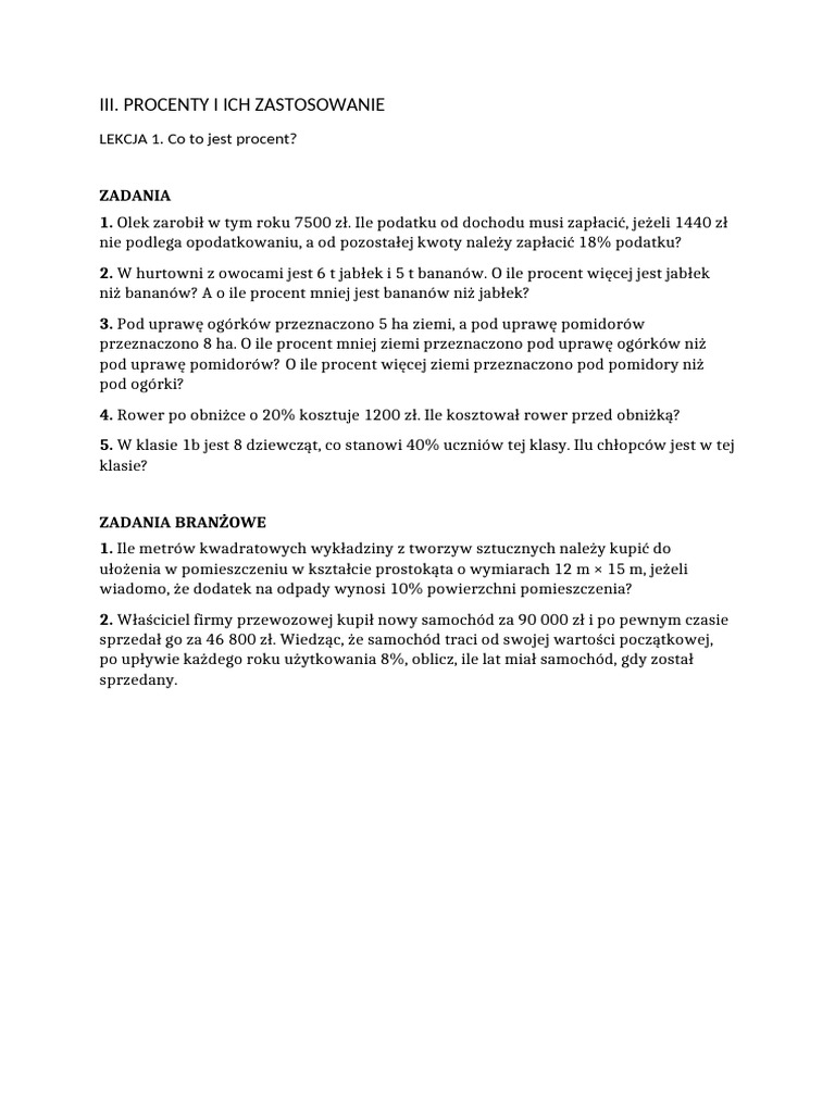 Zadania Do Lekcji 1 Co To Jest Procent | PDF