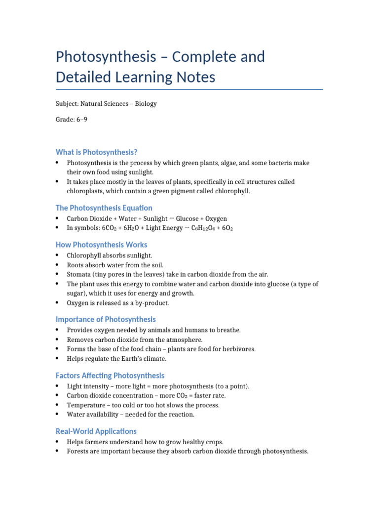 Photosynthesis Detailed Notes | PDF