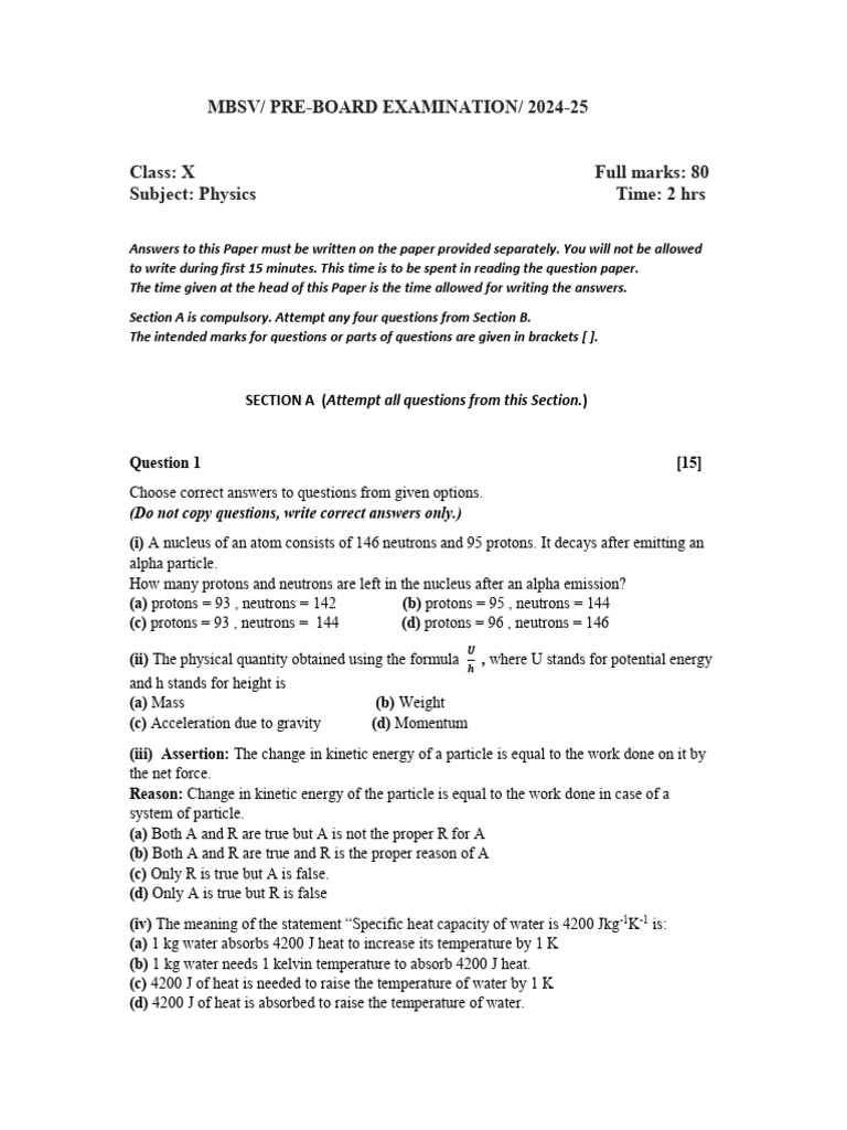 Class 10 Phy MBSV Pre-Board Exam 2024-25 | PDF | Proton | Neutron