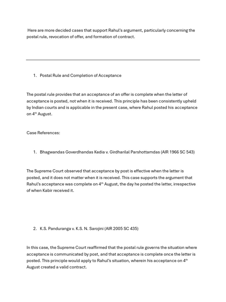 Postal Rule and Contract Formation Cases | PDF | Offer And Acceptance ...