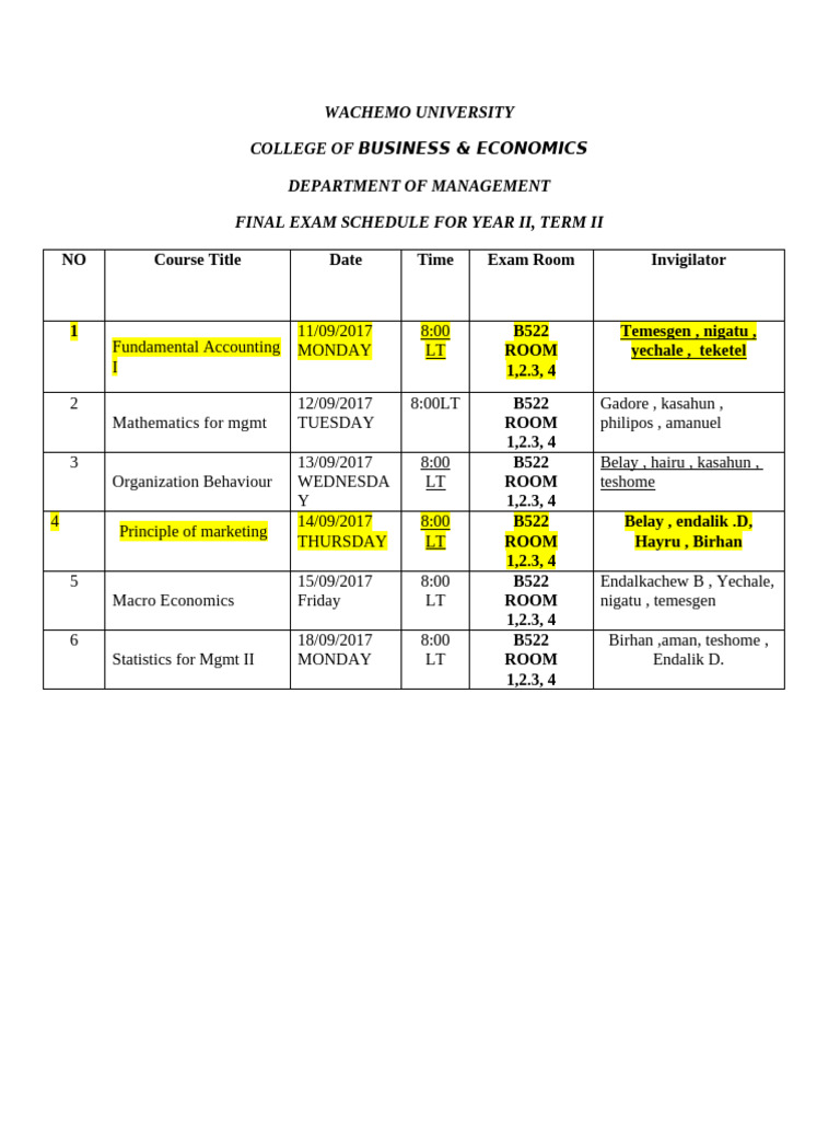 Final Exam Schedule For Reg 2017 | PDF