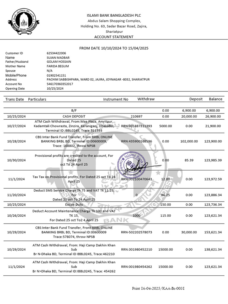 Islami Bank Bangladesh Account Statement | PDF | Debit Card | Automated ...