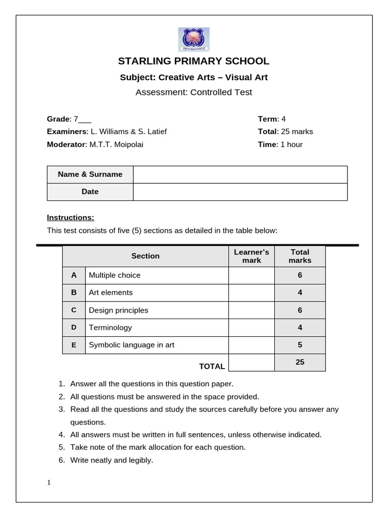 Visual Art Exam - Term 4 (Grade 7) 2024 | PDF | Multiple Choice
