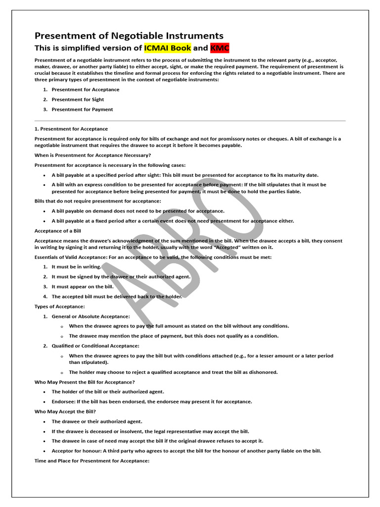 Presentment of Negotiable Instruments | PDF | Negotiable Instrument ...