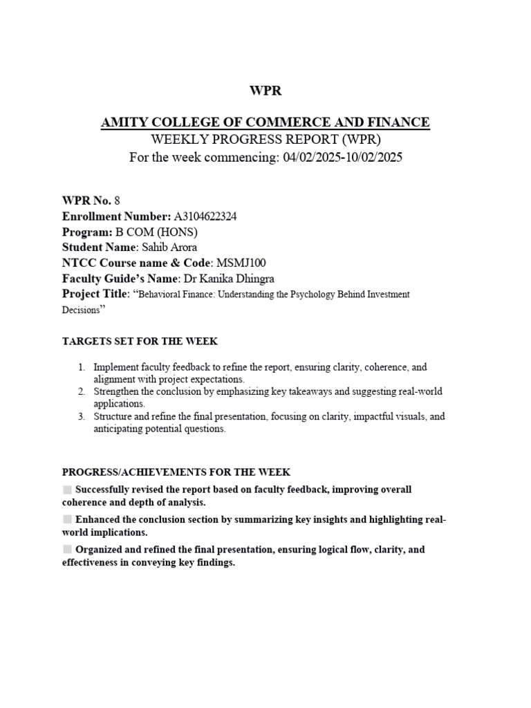 WPR Amity College of Commerce A DFI A CE: Weekly Progress Report (WPR) For The Week Commencing ...