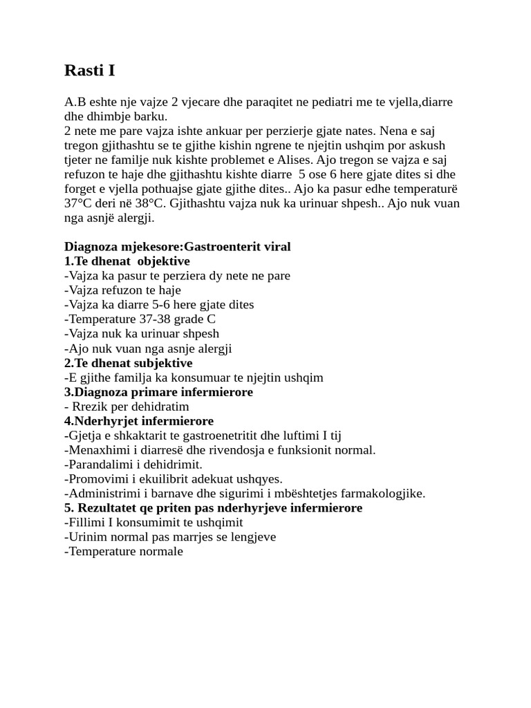 Rasti I: Diagnoza Mjekesore:gastroenterit Viral 1.te Dhenat Objektive | PDF