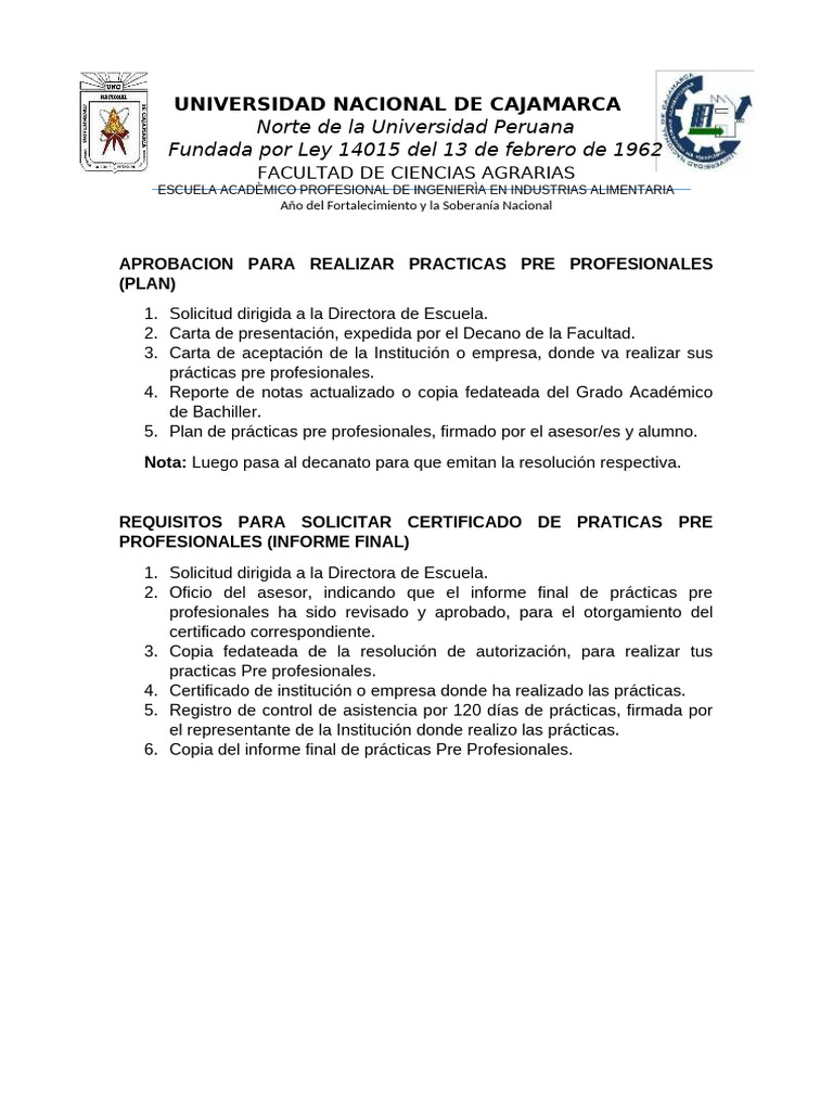 Requisitos Para El Plan y El Informe Final de Practicas Pre Profesionales | PDF