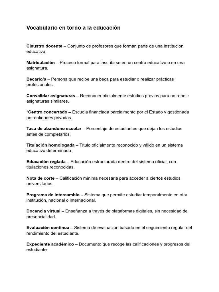 Vocabulario Educativo Esencial | PDF | Escuelas | Plan de estudios