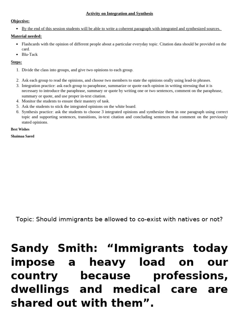Integration and Synthesis Activity - in Class - Paragraph Writing ...