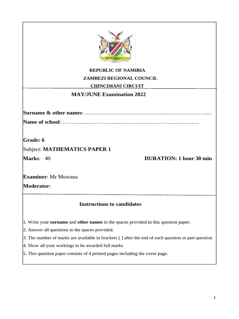 Grade 6 Maths p 1 June Exam 2022 2 | PDF | Mathematics | Arithmetic