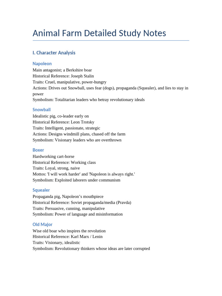 Animal Farm Complete Study Notes | PDF | Soviet Union | World Politics