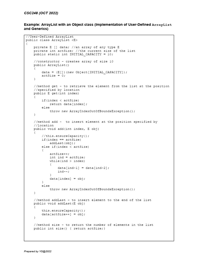 User-Defined ArrayList Implementation | PDF | Method (Computer Programming) | Object Oriented ...