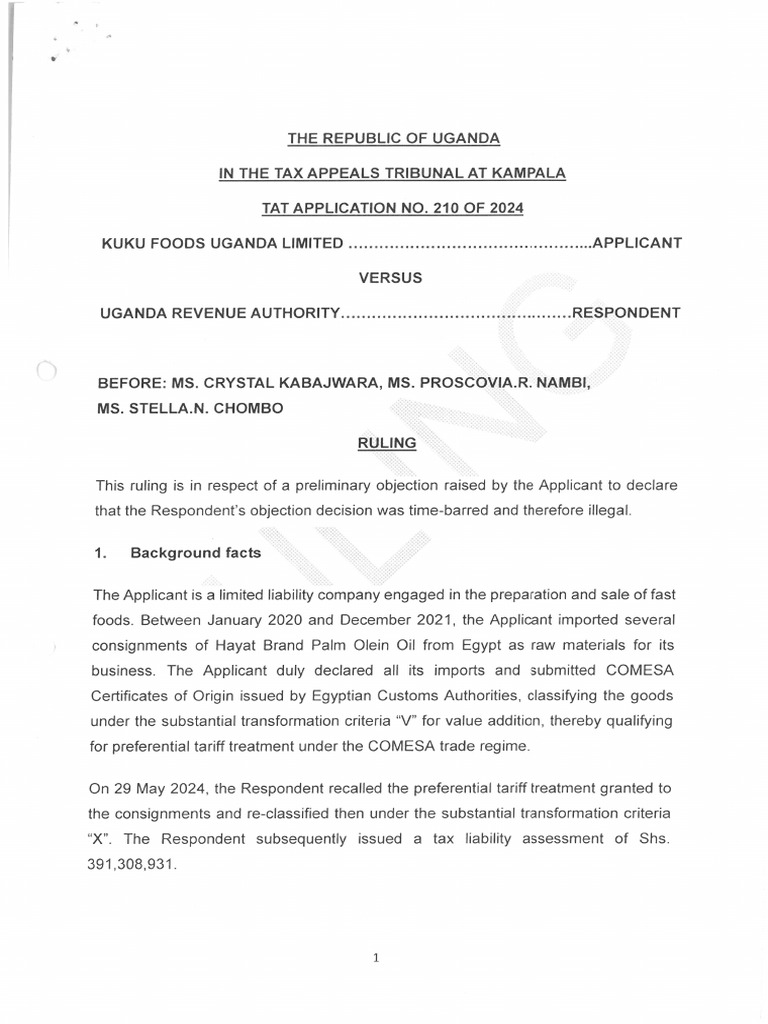 Kuku Foods v. URA Customs Ruling | PDF