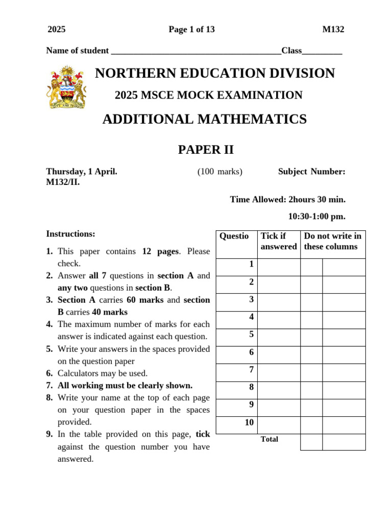 Additional Mathematics Paper 2 Question Paper | PDF | Matrix ...