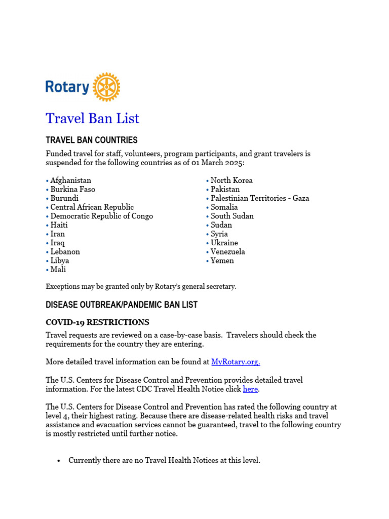 March 2025 Rotary Travel Ban List | PDF