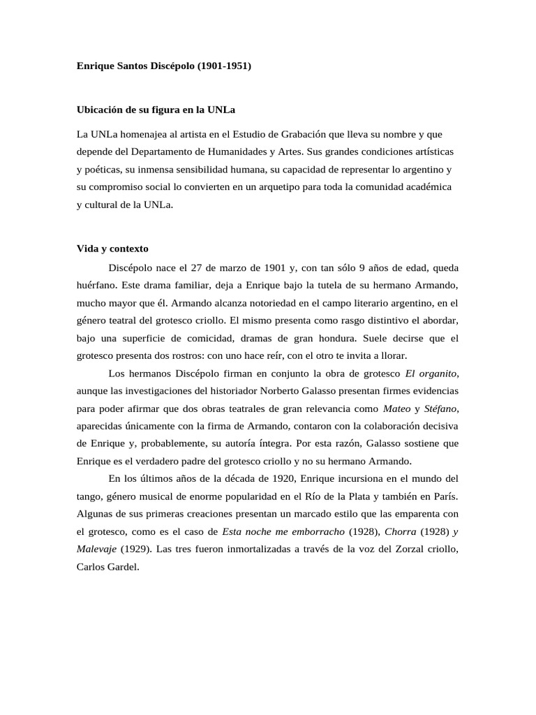 Enrique Santos Discépolo: Tango y Compromiso Social | PDF | Musica ...