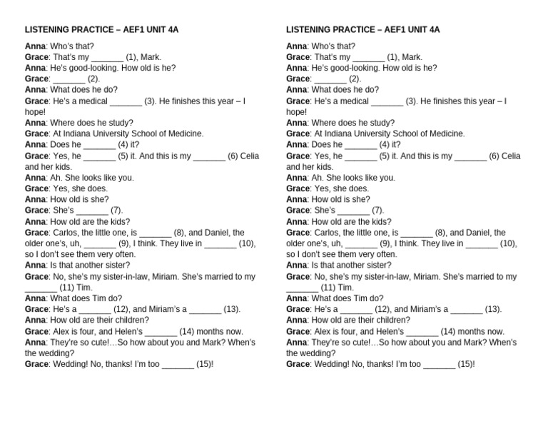 Listening Practice: AEF1 Unit 4A | PDF