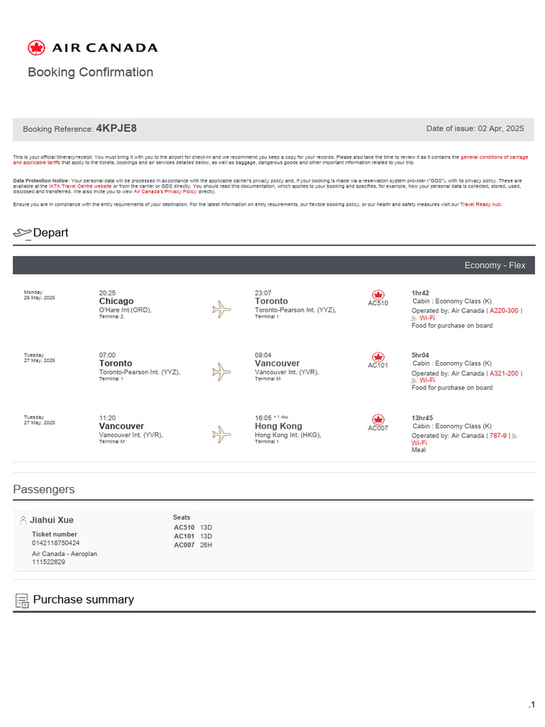 Air Canada Booking Confirmation 4KPJE8 | PDF