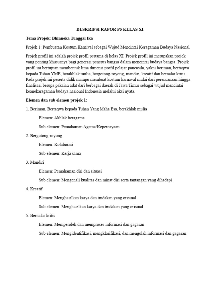 Deskripsi Rapor P5 Kelas Xi | PDF