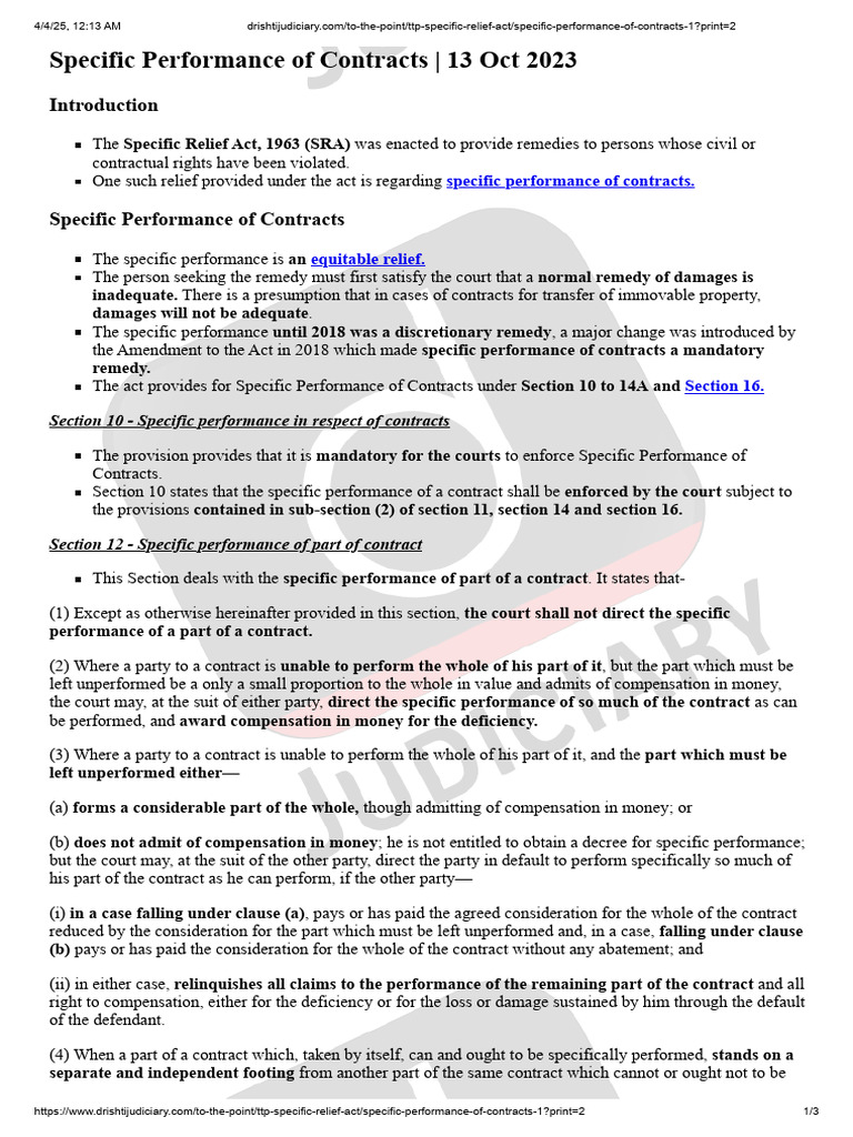 Specific Performance of Contracts | PDF | Legal Remedy | Specific Performance