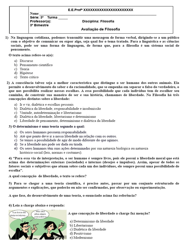 Prova Filosofia 3 Ano 3 Bimestre Mod 1 | PDF | Liberdade | Pensamento