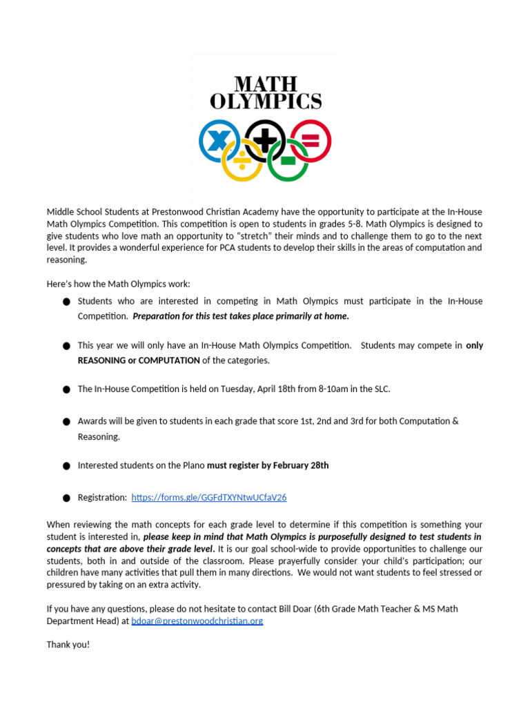 Prestonwood Math Olympics 2023 Details | PDF