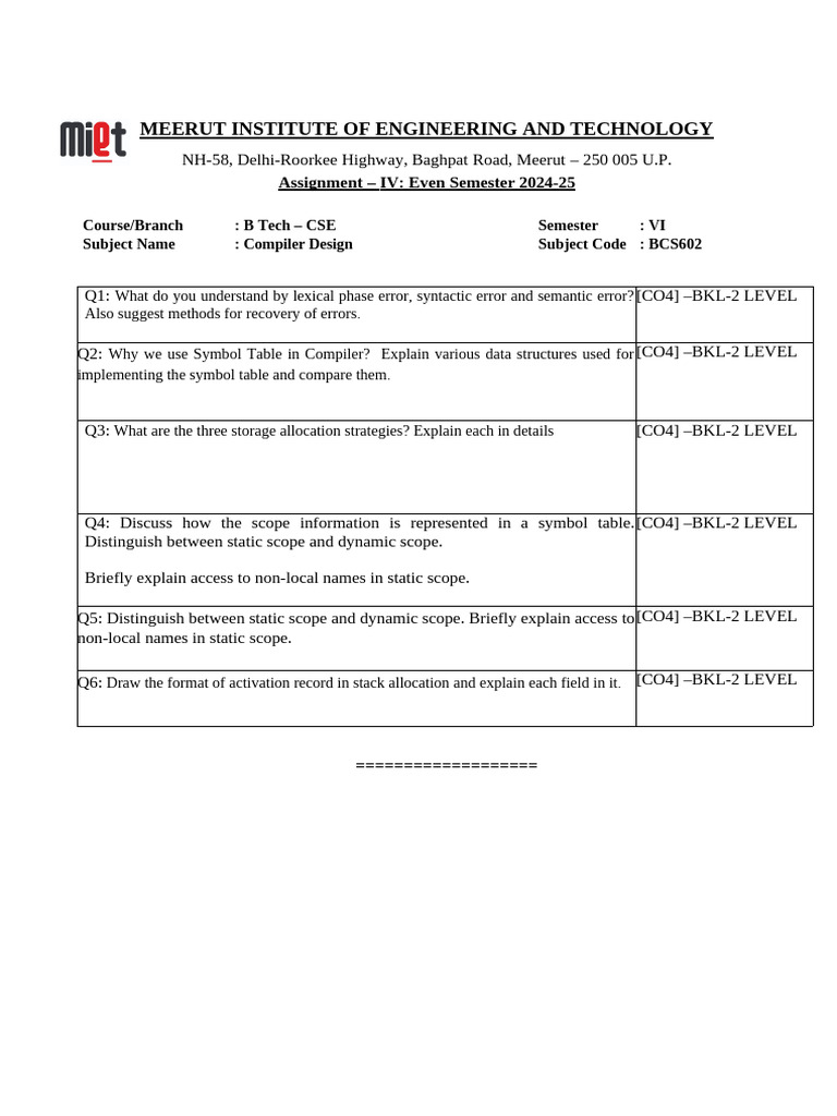 Assignment - 4th Compiler Design | PDF
