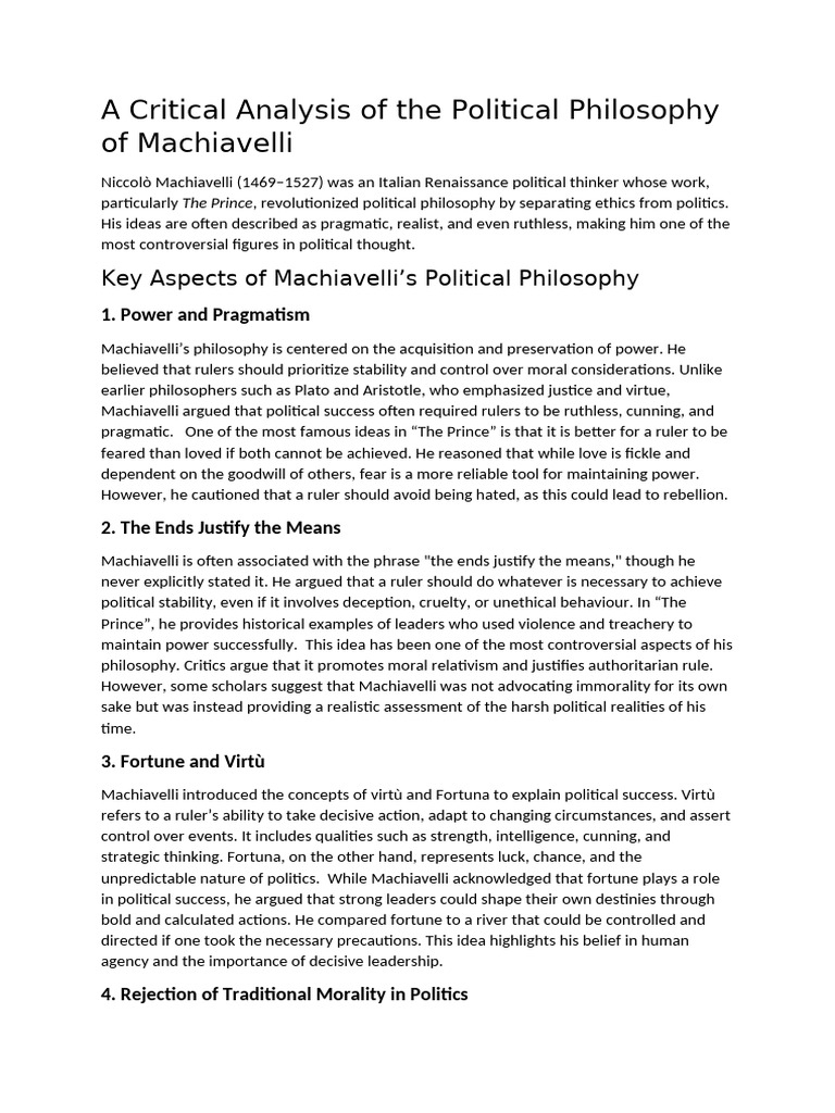 A Critical Analysis of The Political Philosophy of Machiavelli | PDF ...