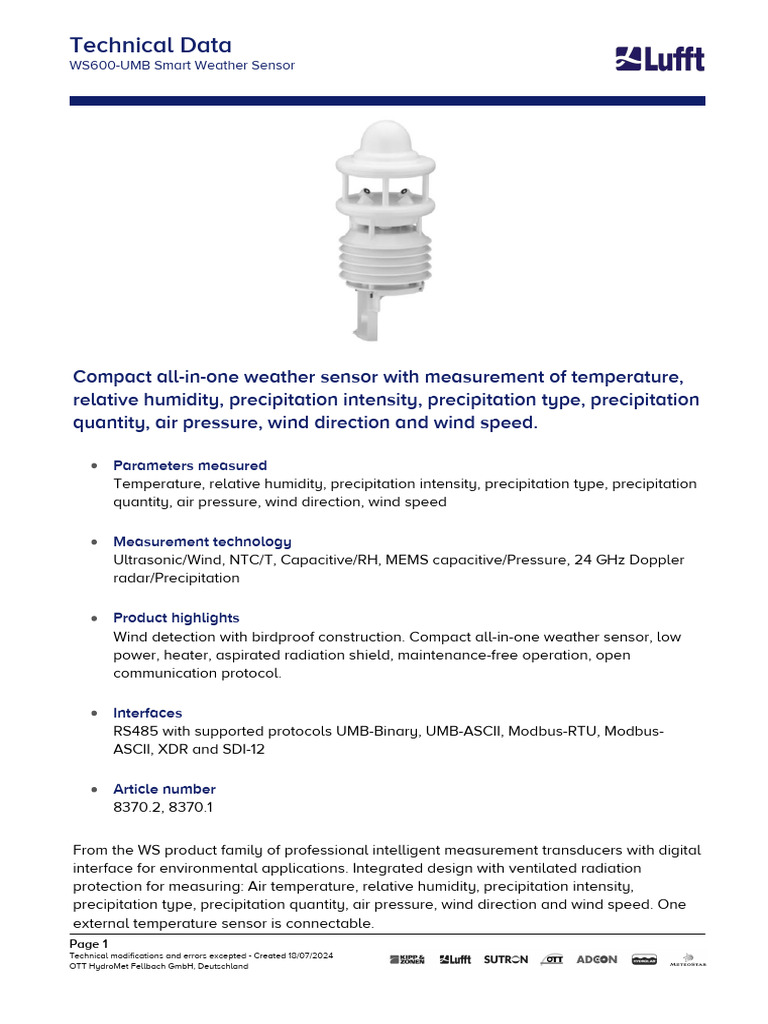 Lufft WS600-UMB Smart Weather Sensor | PDF | Wind Speed | Precipitation