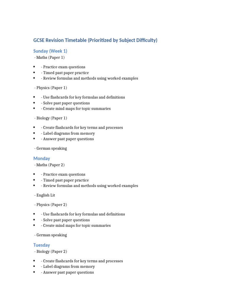 GCSE Revision Timetable by Subject Difficulty | PDF | Mathematics ...