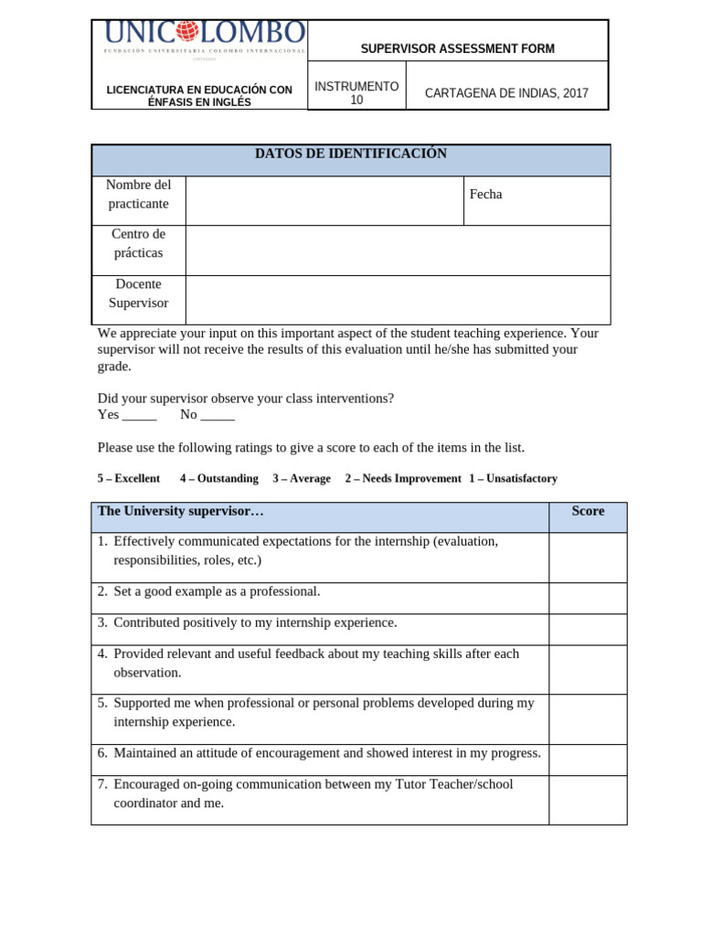 Supervisor Assessment by The Student | PDF | Teaching | Education Theory