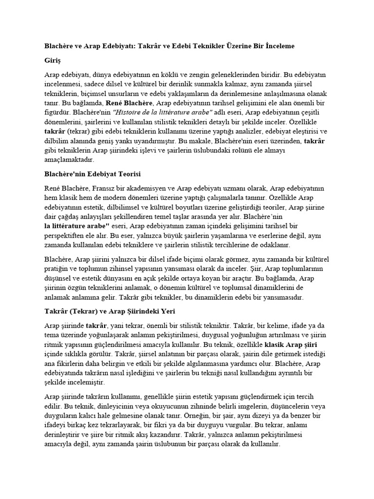 3-Blachère Ve Arap Edebiyatı Takrâr Ve Edebi Teknikler Üzerine Bir İnceleme | PDF