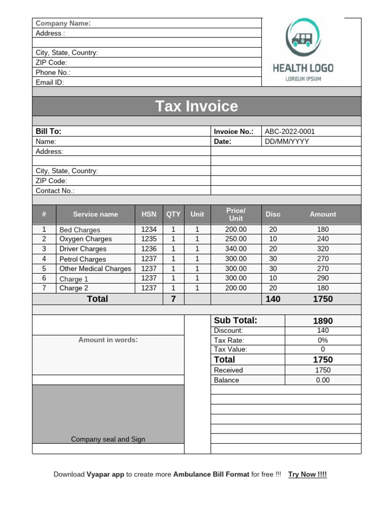 Ambulance Bill Format 01 | PDF