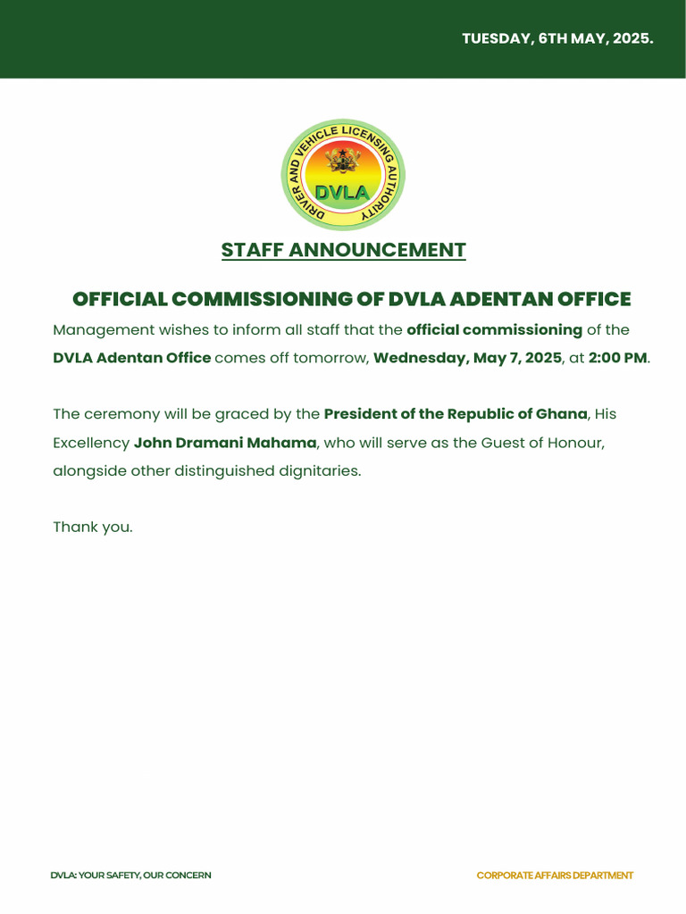 Staff Update Official Commissioning of Dvla Adentan Office | PDF