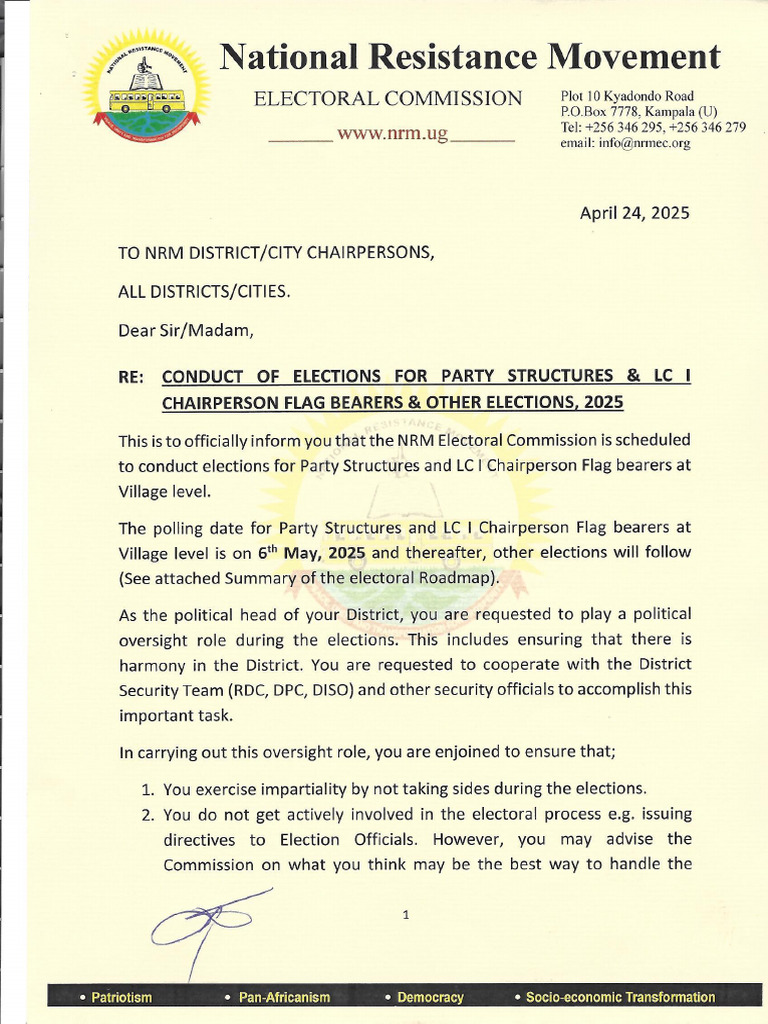 Letter To NRM District Chairpersons. | PDF